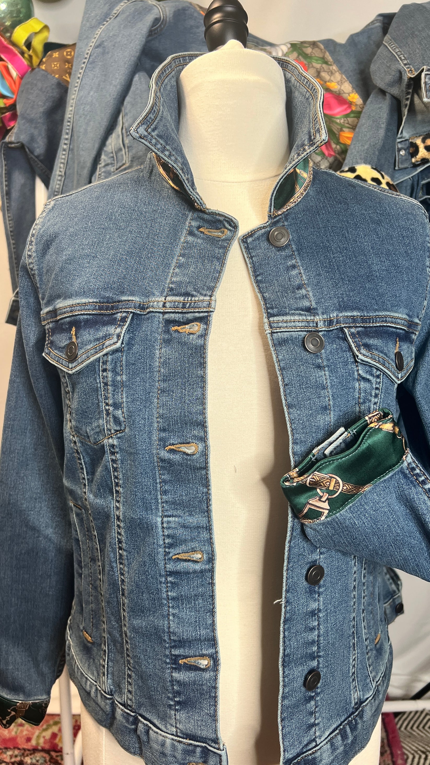 Green Bridles and Bits Scarf on Denim Jacket – J.Coffey Jackets